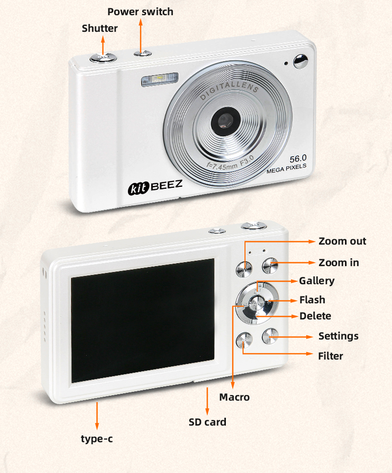 KiTBEEZ KF-2 56MP CCD Camera 1080P Video 16X Digital Zoom Retro Camera ...