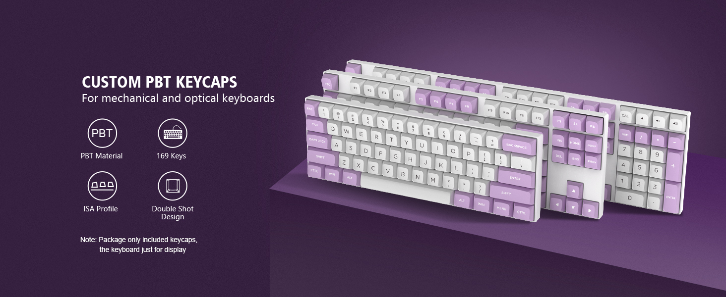 169 Keys Minimalist White Purple PBT Double Shot Keycaps ISA Profile ...