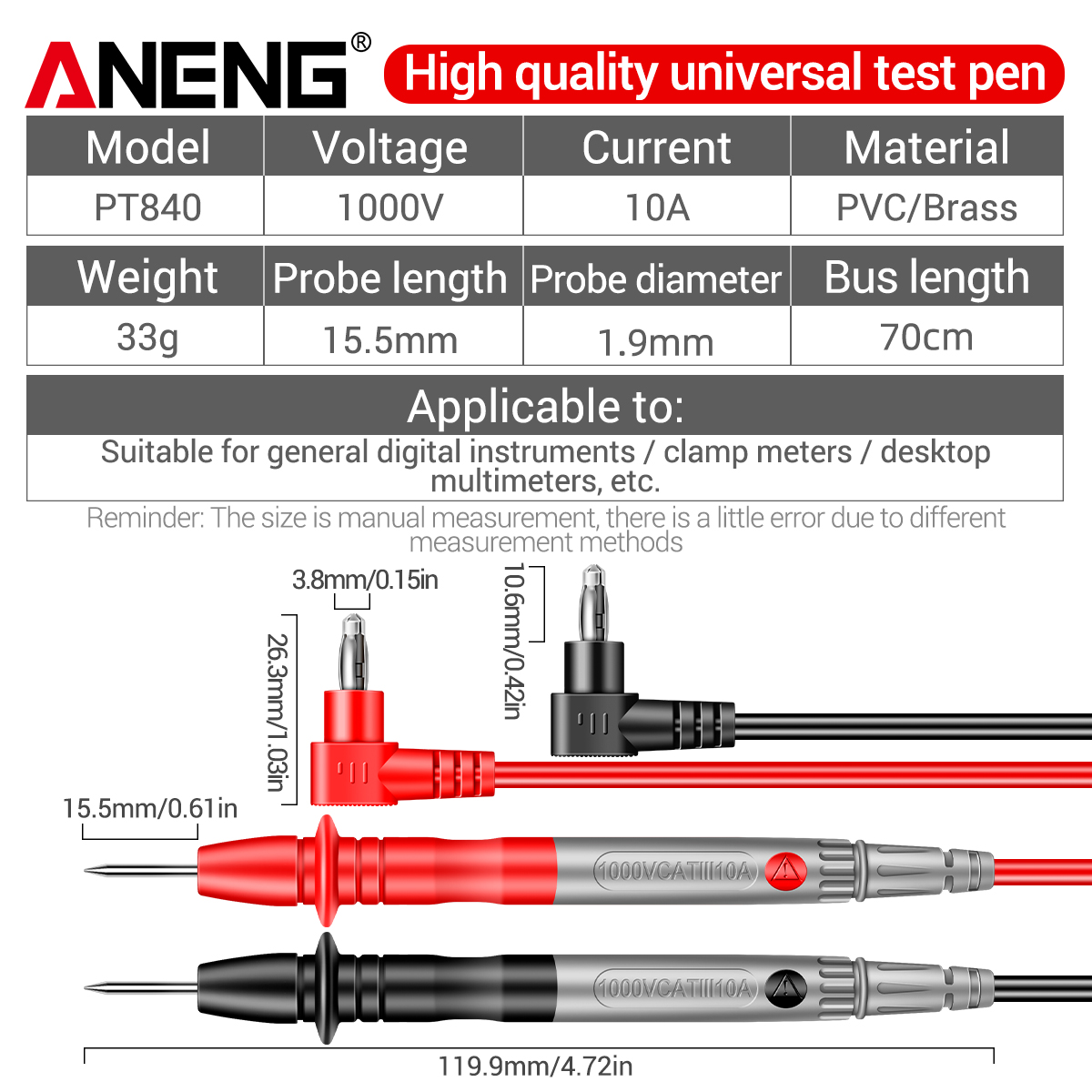 ANENG PT840 Digital Multimeter Probe Kit - 1000V 10A Test Leads with ...
