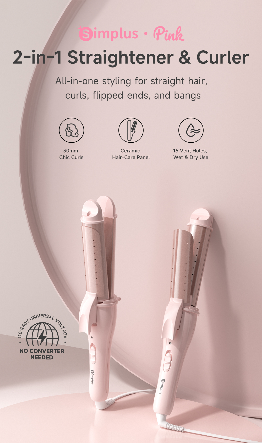 Simplus 2 in 1 Hair Straightener And Curler Flat Iron Ceramic Coating ...