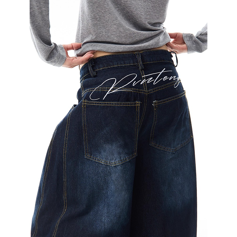 LEON Grunge Pants Super Baggy Pants Unisex Dark Blue Denim Pants Washed ...