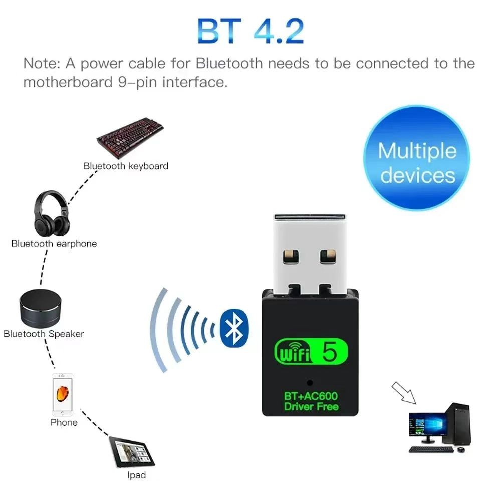 【YP】USB WIFI Dongle For Desktop 600Mbps Bluetooth Wireless WiFi Adapter ...