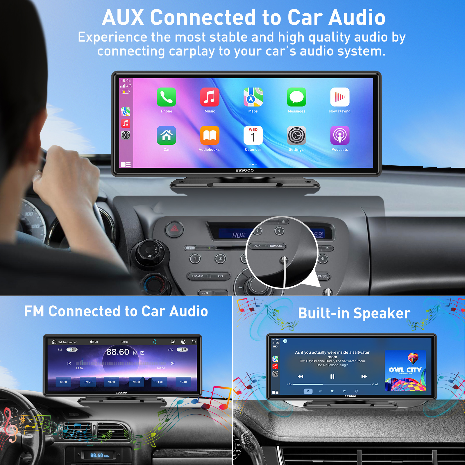 ESSGOO 10.26" INCH Portable Car Player Carplay Android Auto Bluetooth ...