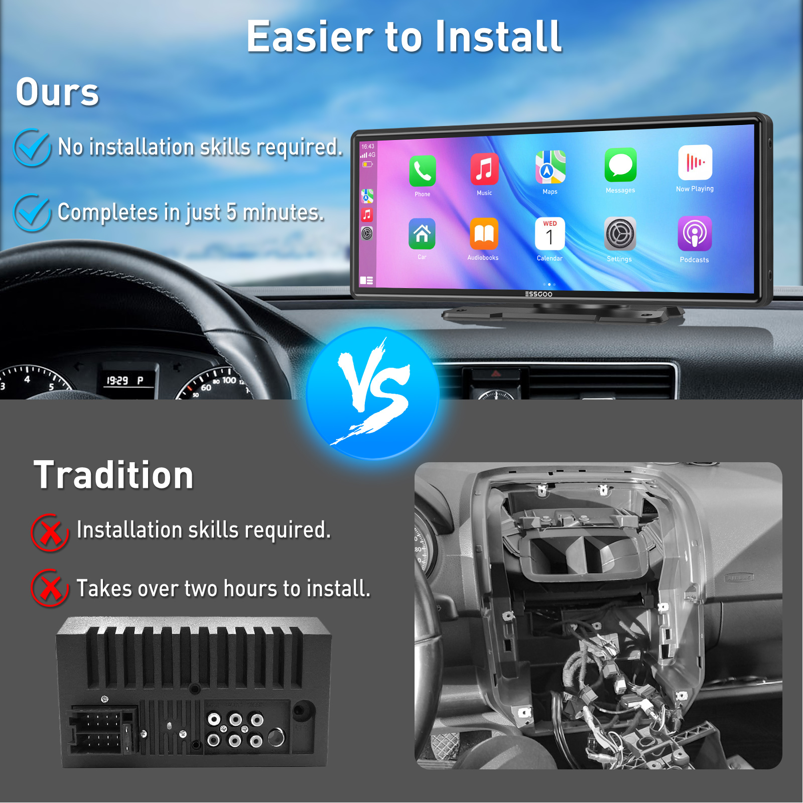 ESSGOO 10.26" INCH Portable Car Player Carplay Android Auto Bluetooth ...