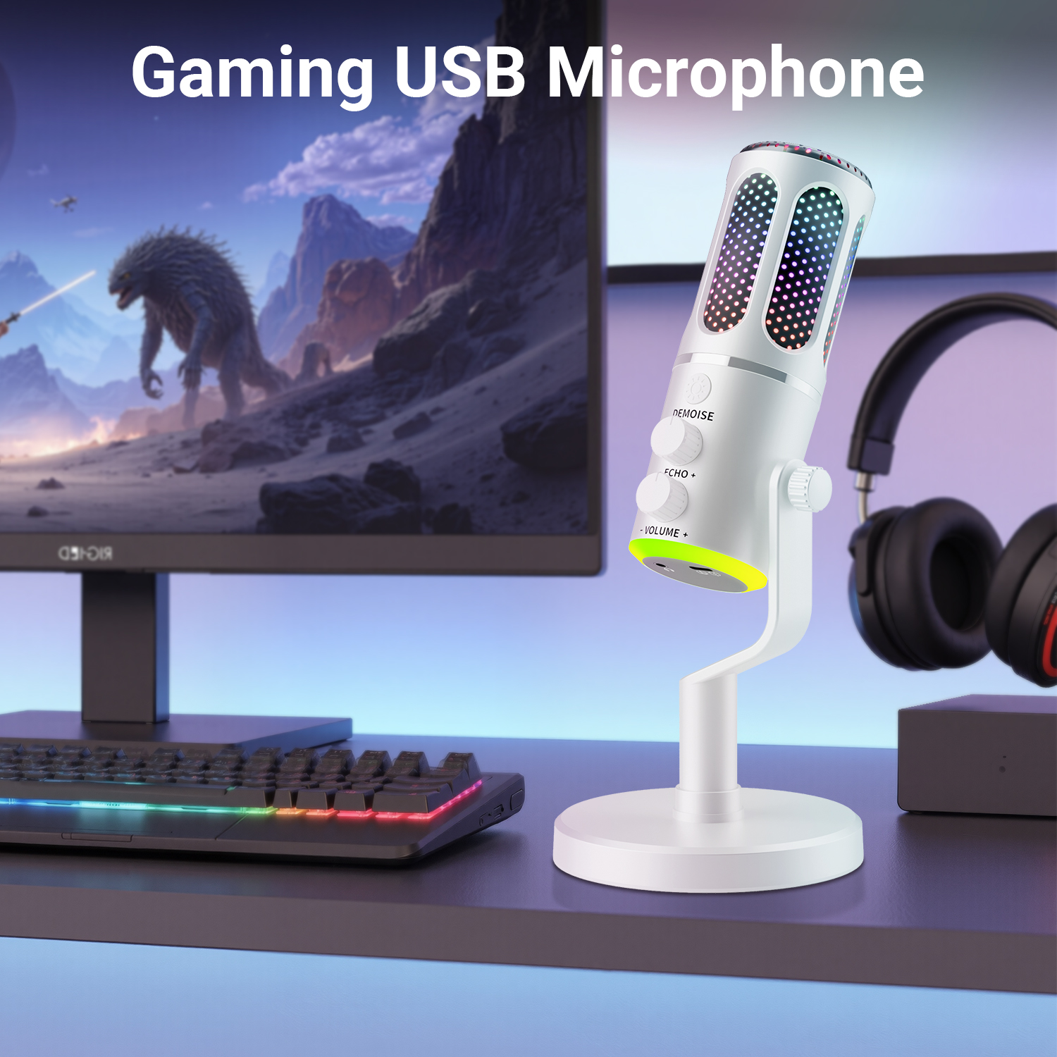 RGB USB Microphone with Noise Cancellation, Condenser Gaming Mic for PC ...