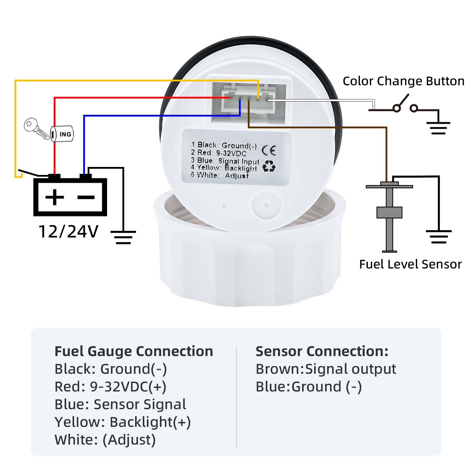 100-500MM Sensor 52mm 0-190 Ohm Fuel Level Gauge With 7 Colors LED ...
