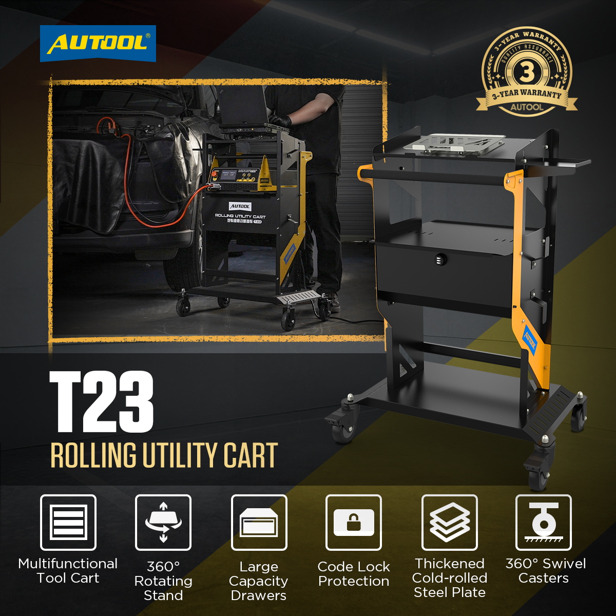 AUTOOL T23 Rolling Utility Cart 3 Layer Heavy Duty Multifunctional Tool ...