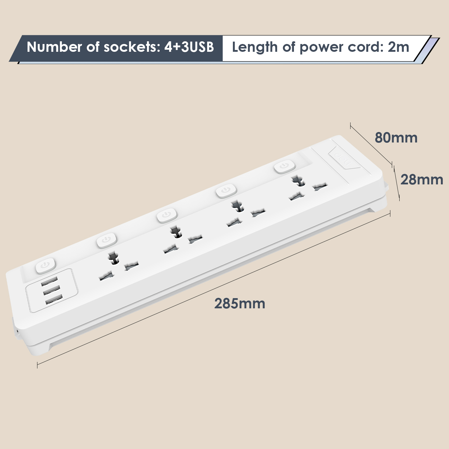 Deli 2M Extension Cord With Individual Switch USB Socket Home Multiple ...