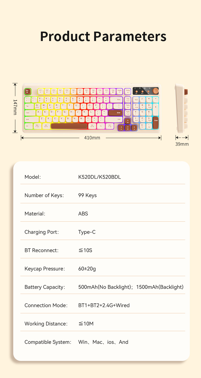 BOW K520 Three-mode Series Rechargeable Ergonomic Keyboard RGB ...