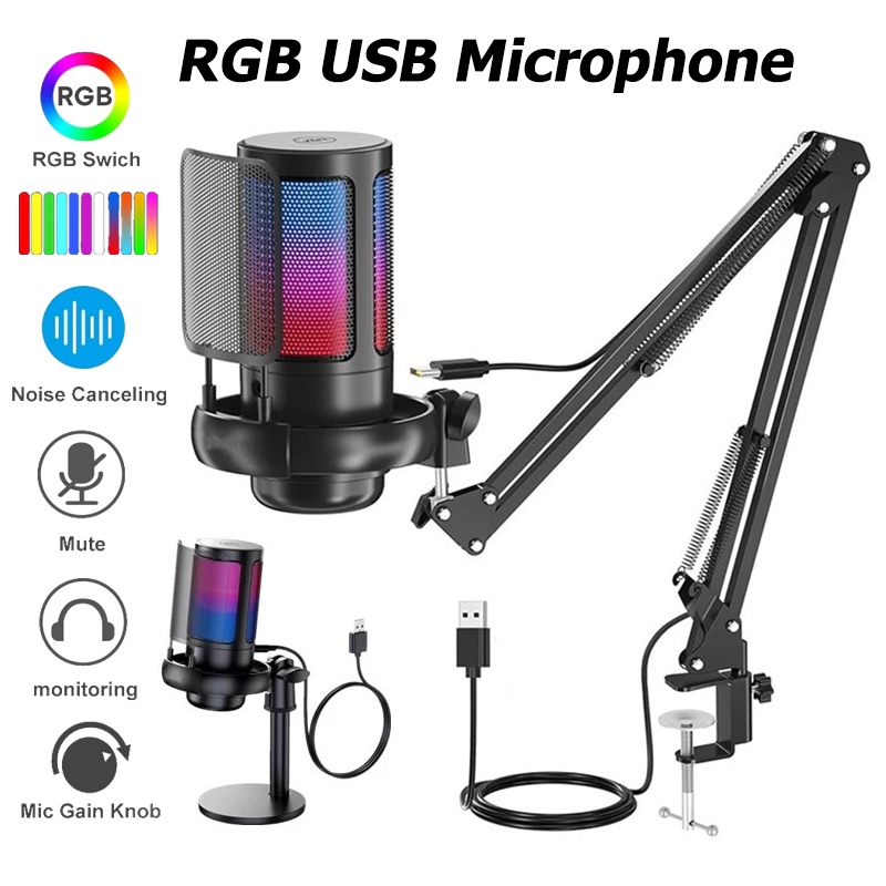 RGB USB Microphone Gaming USB Condenser Mic Plug and Play Zero Latency ...