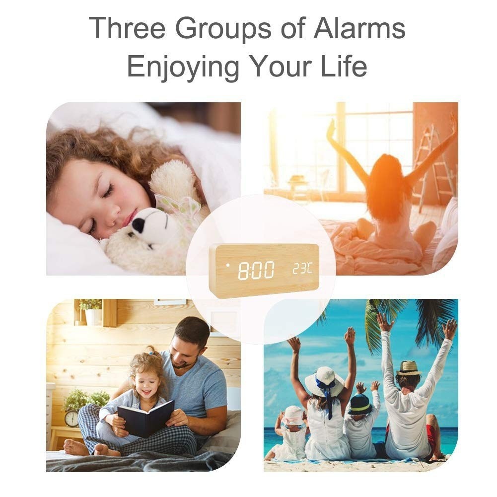 Digital wooden smart voice control alarm clock USB plug-in bedside ...