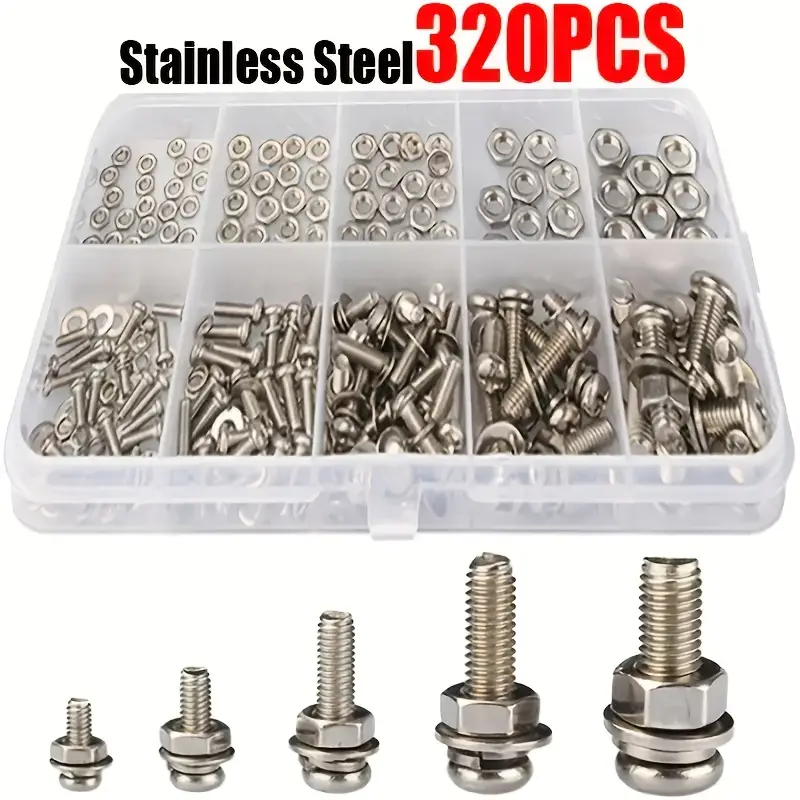 320-Piece Stainless Steel SS304 Screw and Nut Assortment Kit - M2 to M5 ...