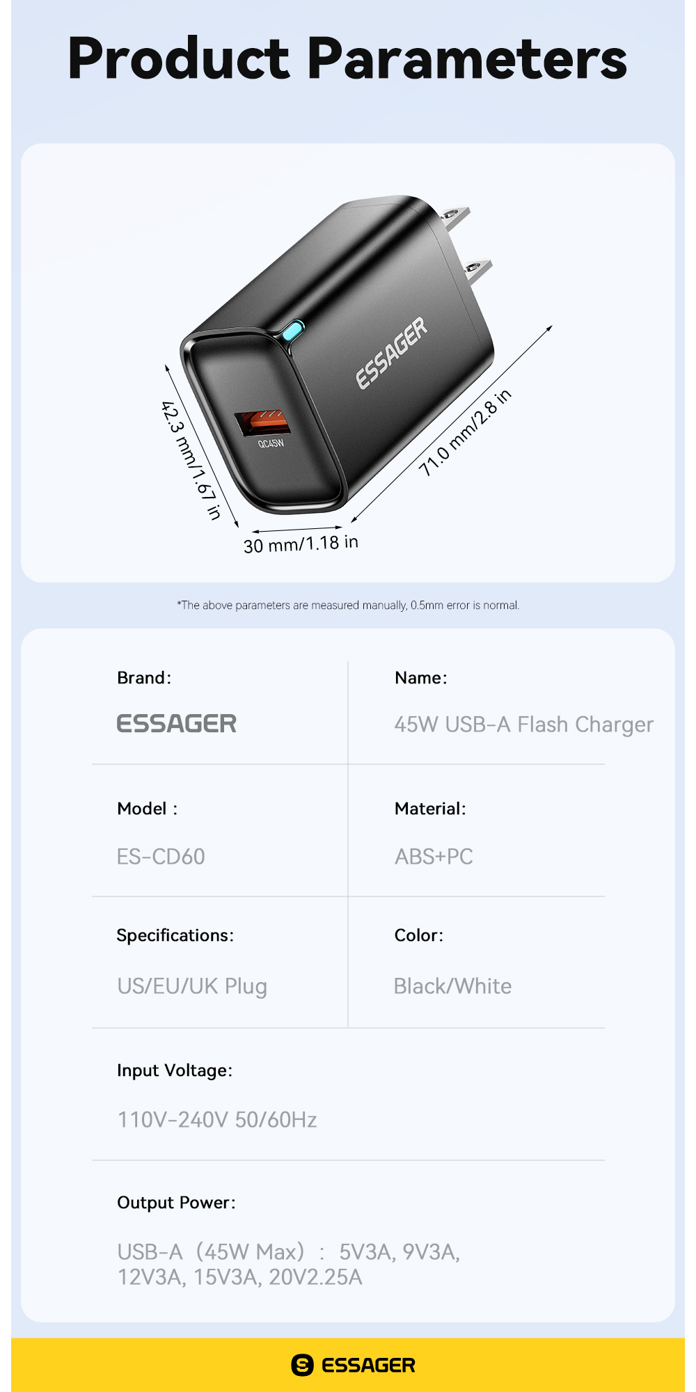 Essager 45W PD USB-A Fast Charger Support Super Charging QC3.0 Wall Charger For Android Samsung ...
