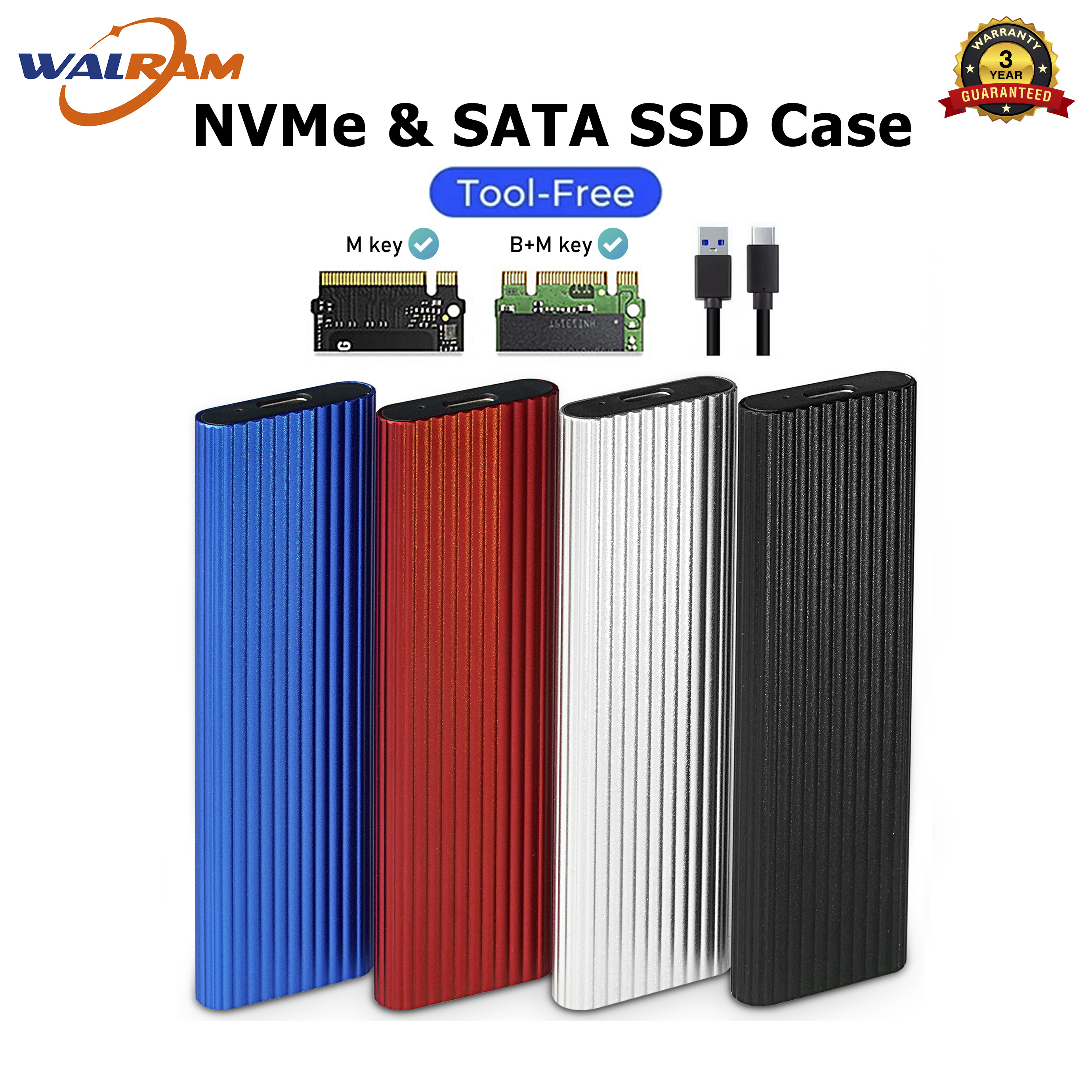 Walram 10Gbps M.2 NVMe SATA SSD Case 2230/2242/2260/2280 Portable Dual ...