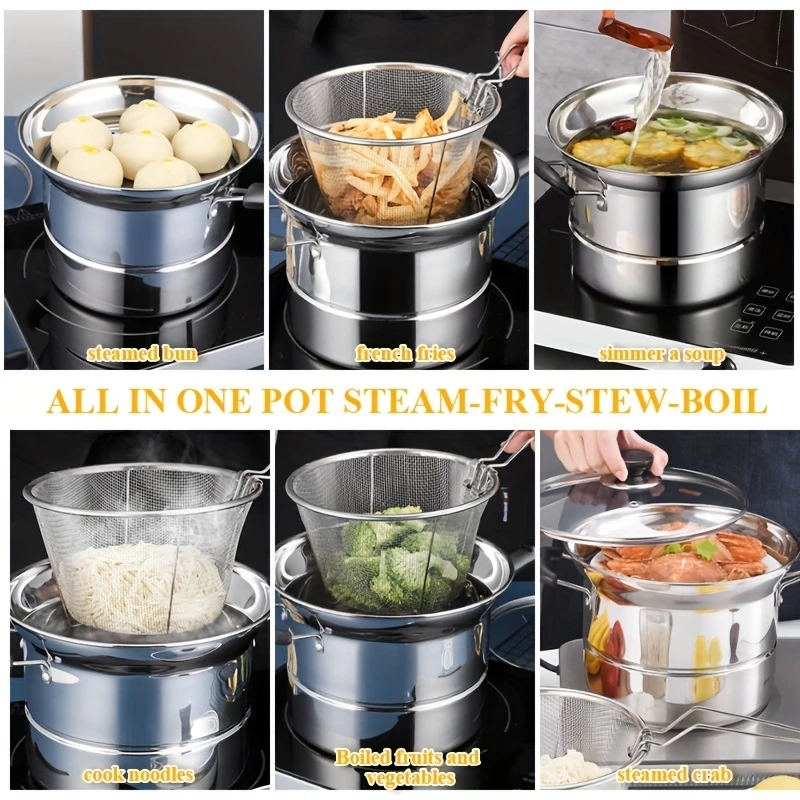 3 in 1 Stainless steel Steam and Deep Frying Cooking Pot multifunction ...