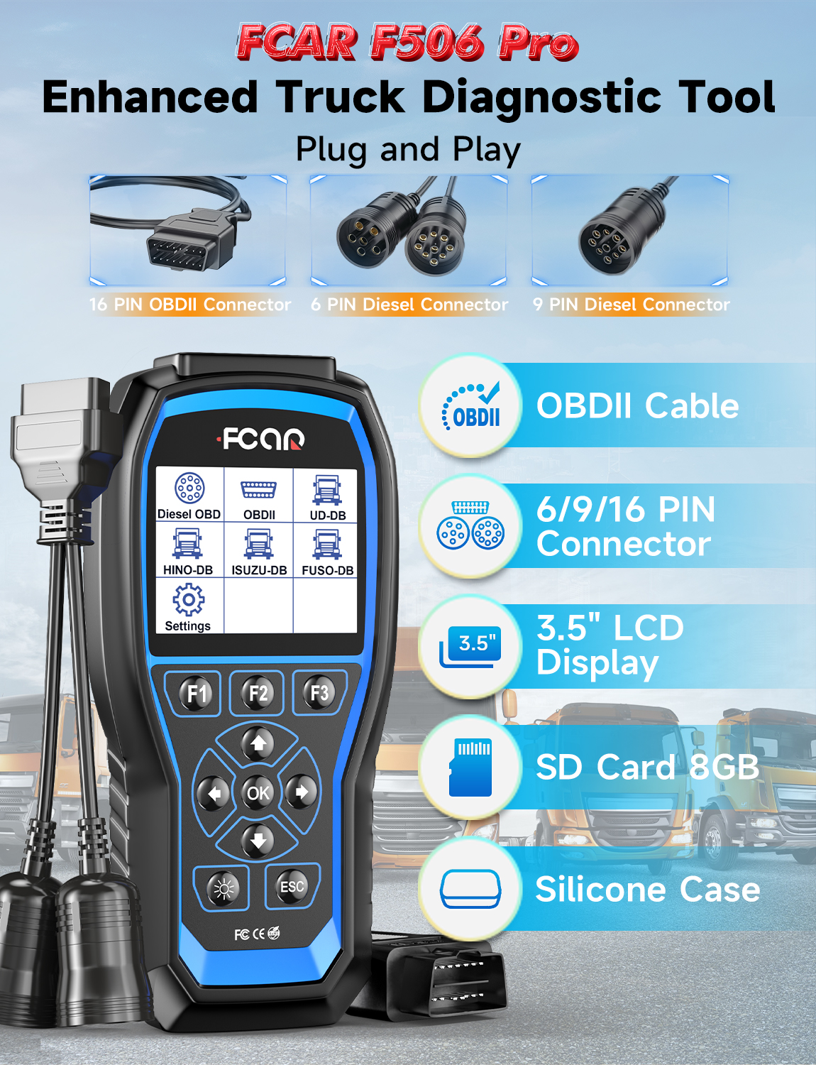 FCAR F506 PRO 12V 24V Diesel Heavy Duty Truck OBD2 Scanner DPF Reset ...