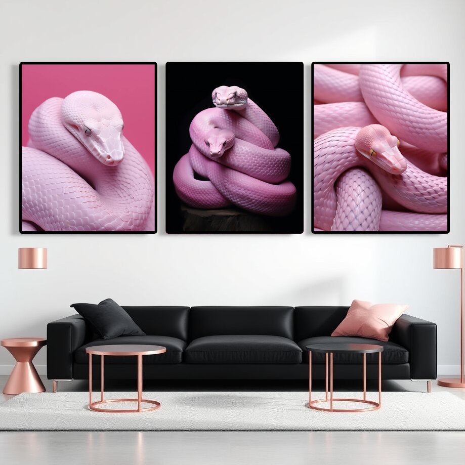 Triptych Wall Art - Pink Snake with Black Neon Light Canvas Poster ...