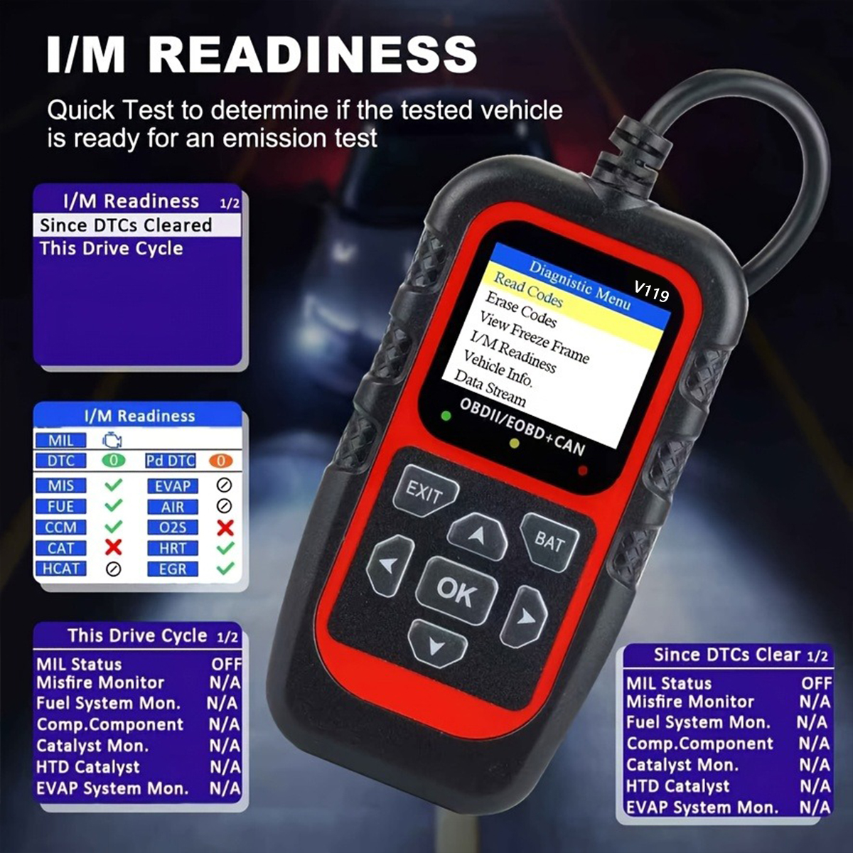 V119 OBD II CAN diagnostic tool, an advanced car engine error number scanner, reads and clears ...