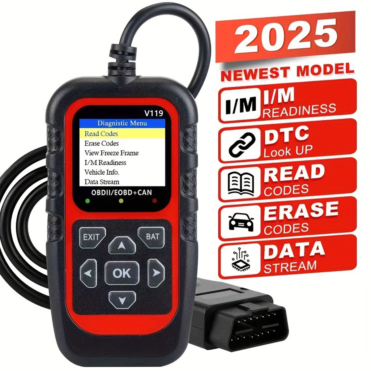 V119 OBD II CAN diagnostic tool, an advanced car engine error number scanner, reads and clears ...