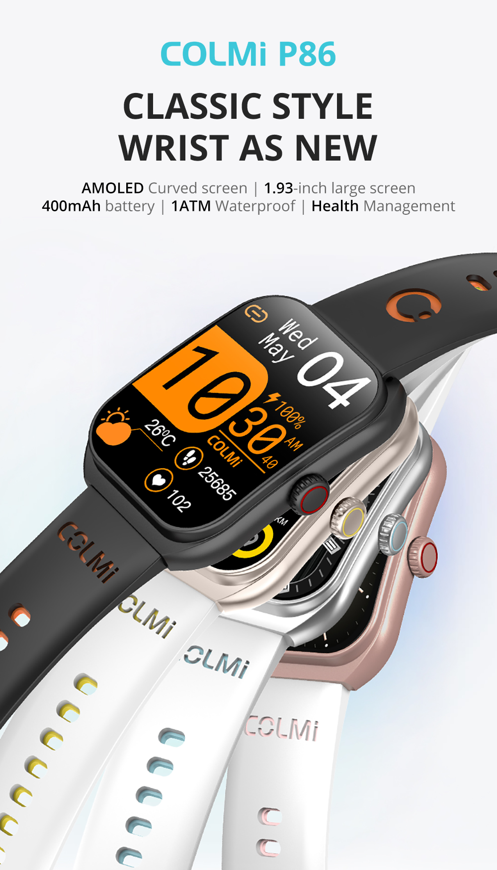 COLMI P86 Smart Watch 1.93 AMOLED screen 1ATM waterproof 400mAh battery ...