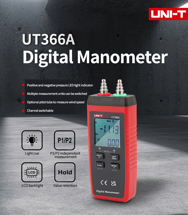 UNI-T UT366A Digital Manometer P1/P2 Gauge Pressure Differential ...