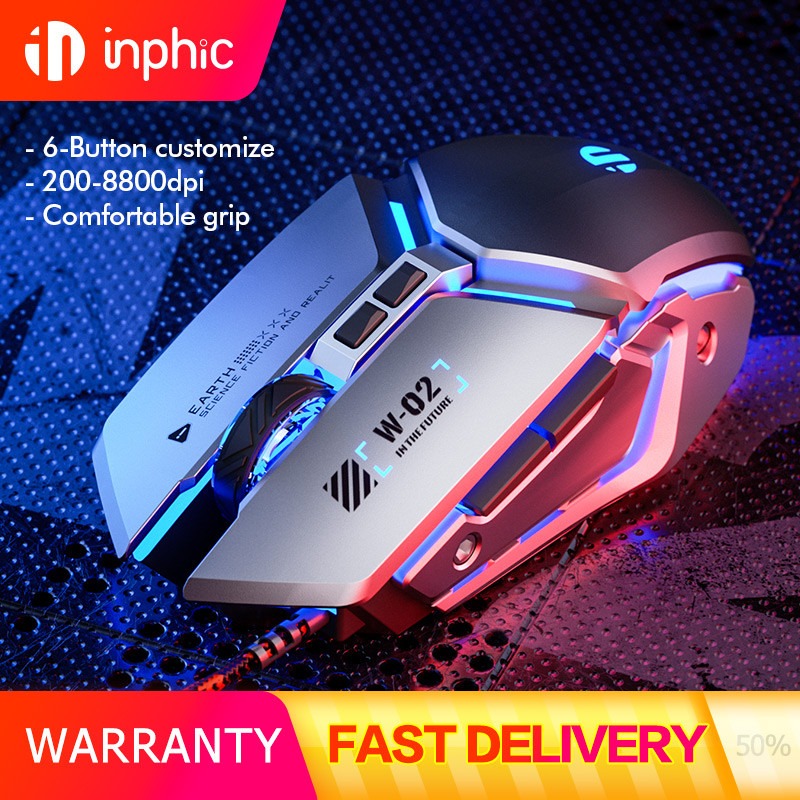 INPHIC W2 Wired Gaming Mouse 200-8800dpi 6 Customize Buttons Ergonomic ...