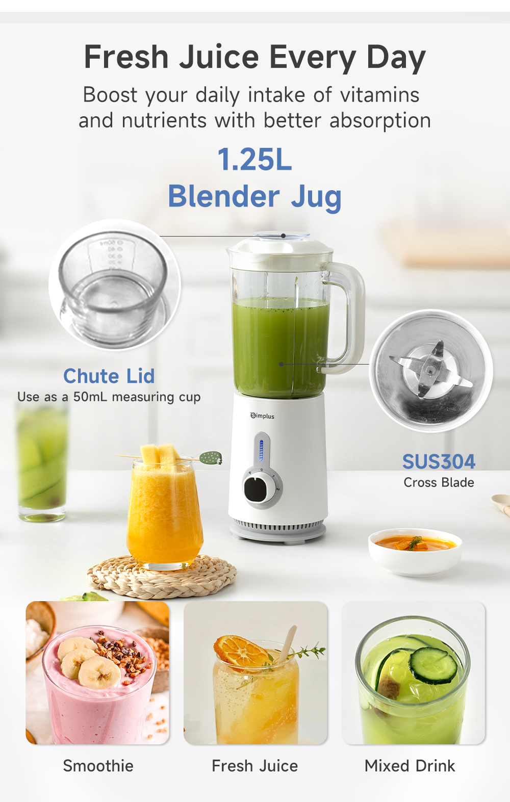 Simplus Blender 5-In-1/3-In-1 Multi-Functional Food Processor 1.25L ...