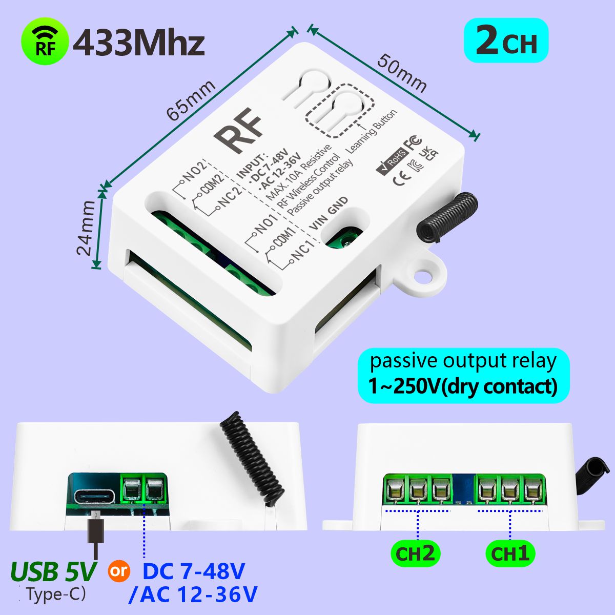 2 Channel RF 433 MHz Wireless remote control switch，DC 7V 12V 24V 48V ...
