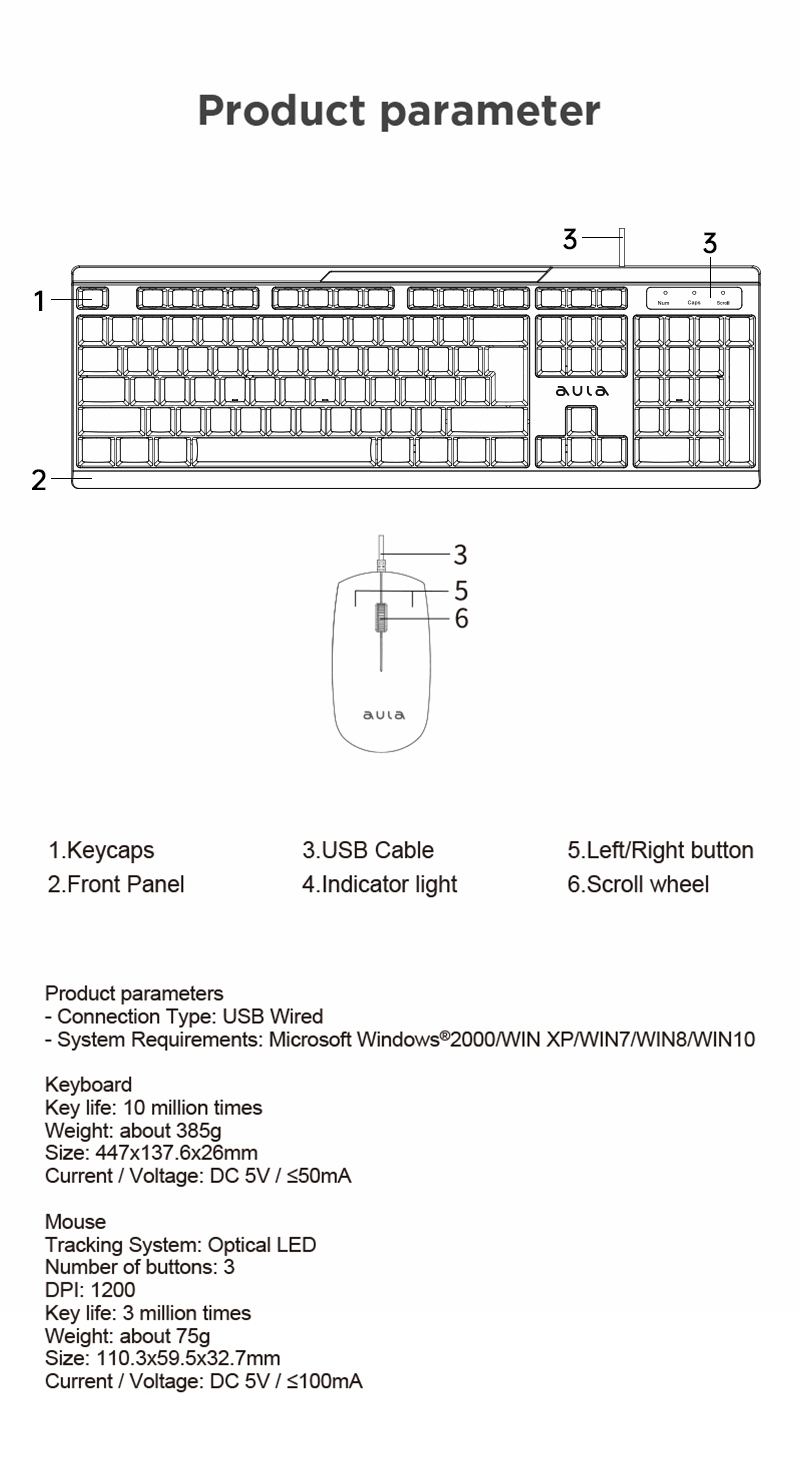 AULA AC101 Wired Keyboard and Mouse Combo for PC Laptop keyboard Kit ...