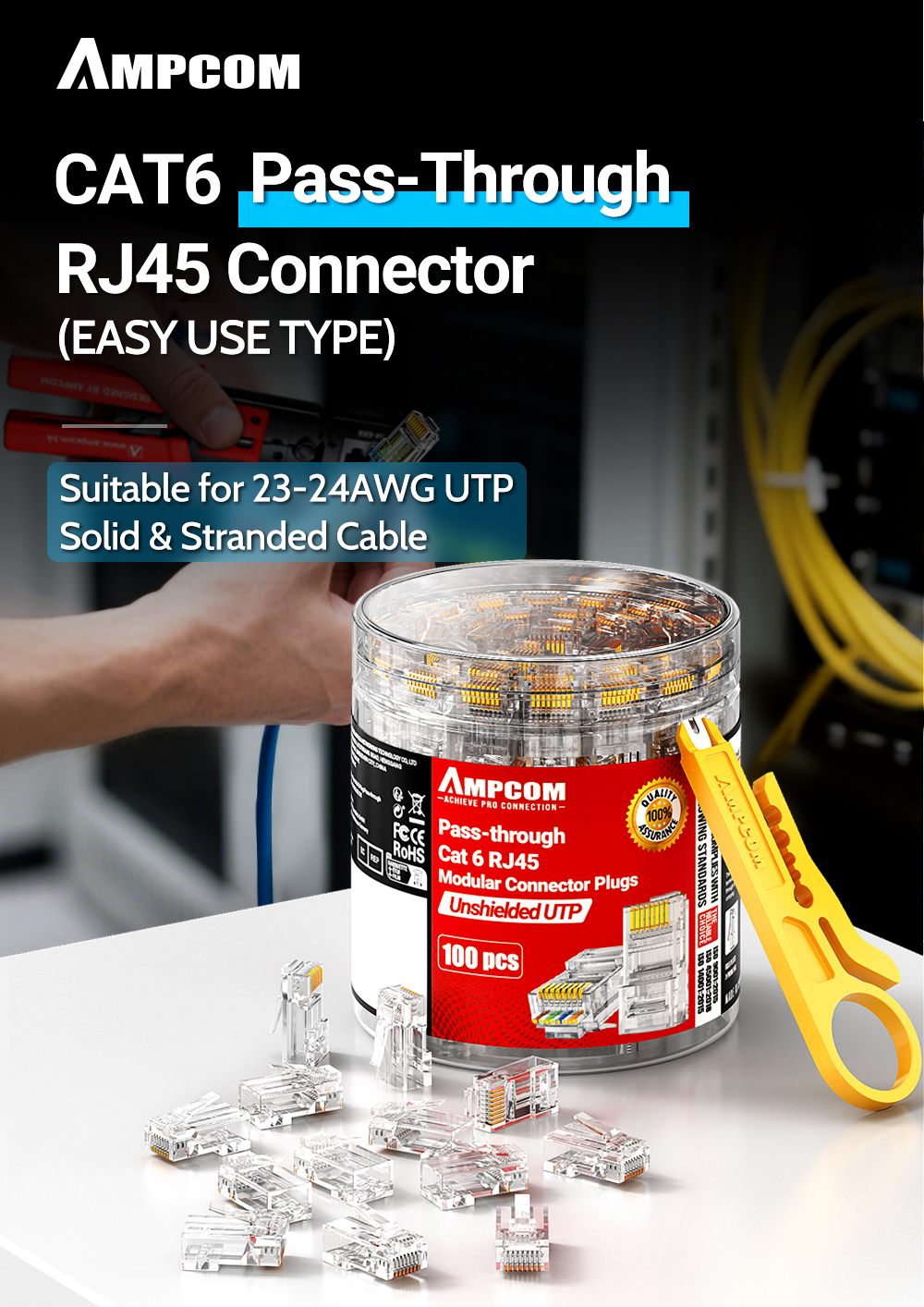 AMPCOM RJ45 Modular Plug in Canister Packaging Pass-Thru CAT6 Connector ...