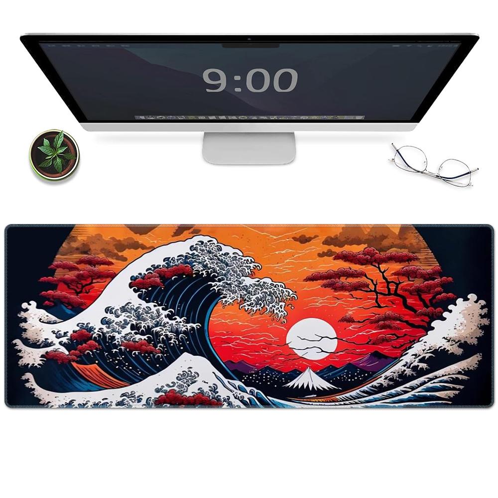 Japanese Red Sea Waves Mouse Pad, Large Gaming Mousepads with Non-Slip ...