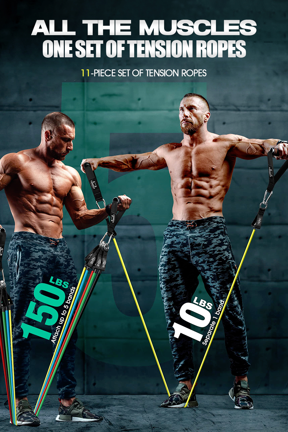 11pce Tension Band 100 Pounds Resistance Rope Body Workout Exercise ...