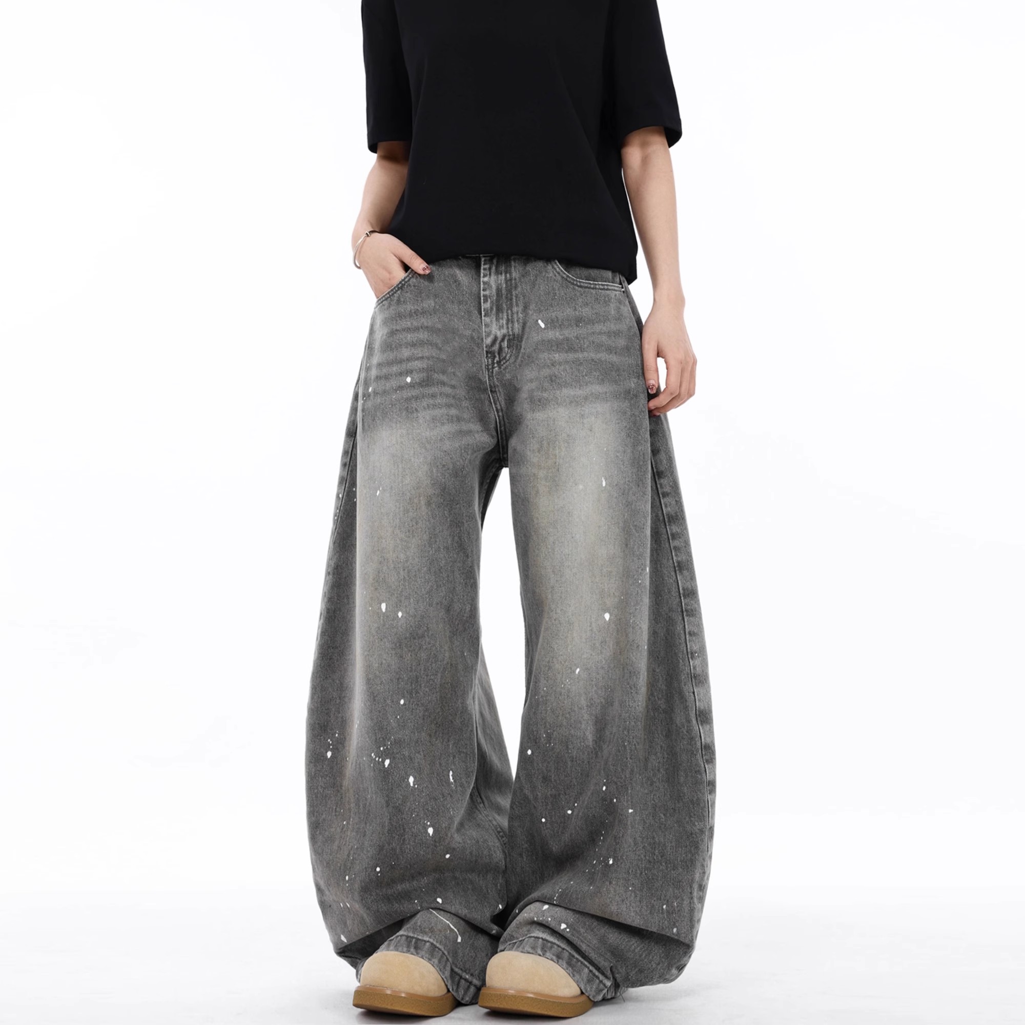 LEON Washed Gray Jeans Retro Gray Baggy Pants Wide Leg Pants for Men ...