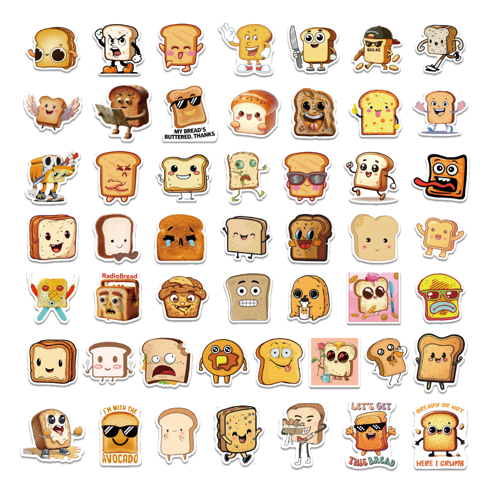 50PCS Fun Bread Cartoon Stickers Creative Food Decal DIY Luggage ...