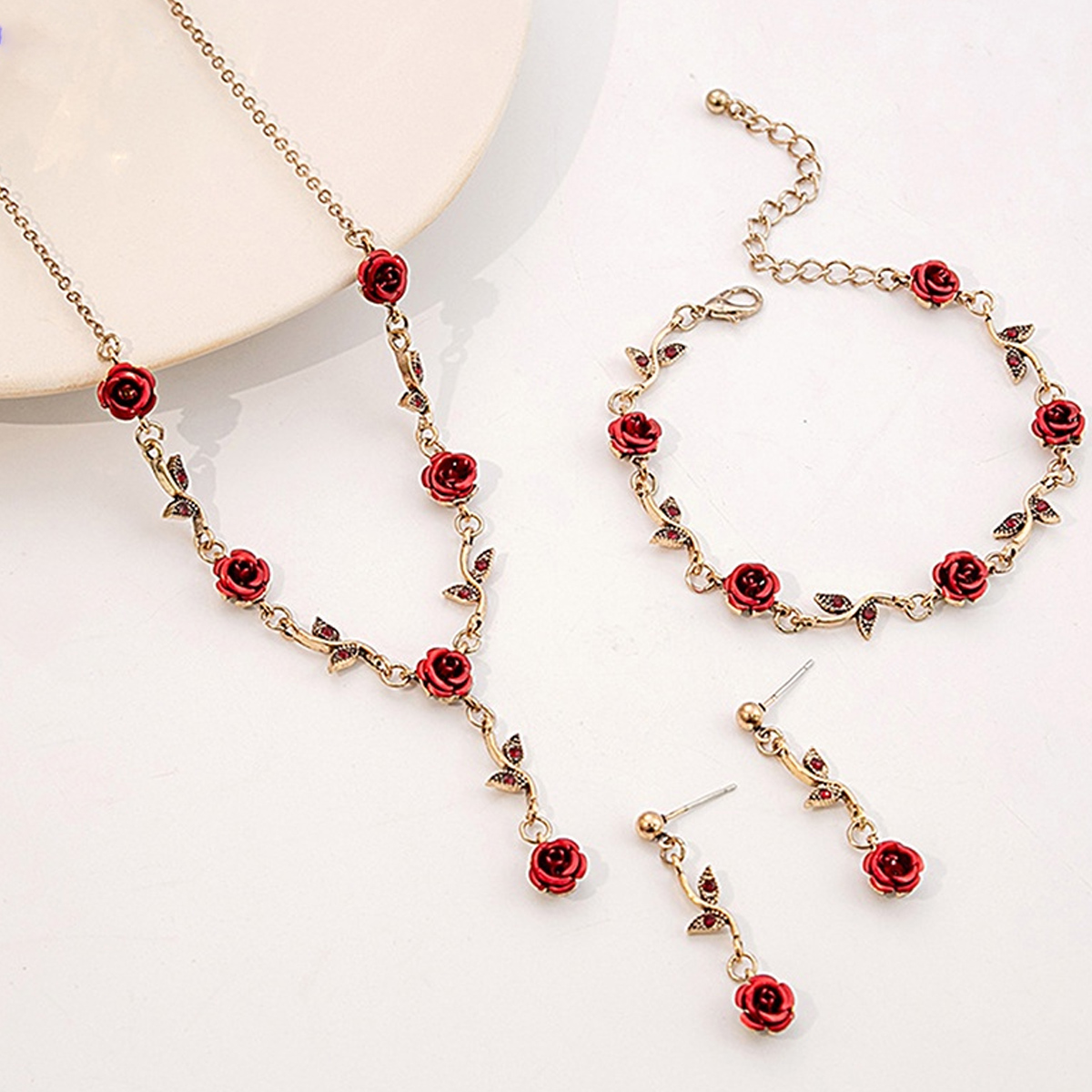 Luxury Rose Flower Jewelry Set Necklace Earrings Bracelet for Women ...