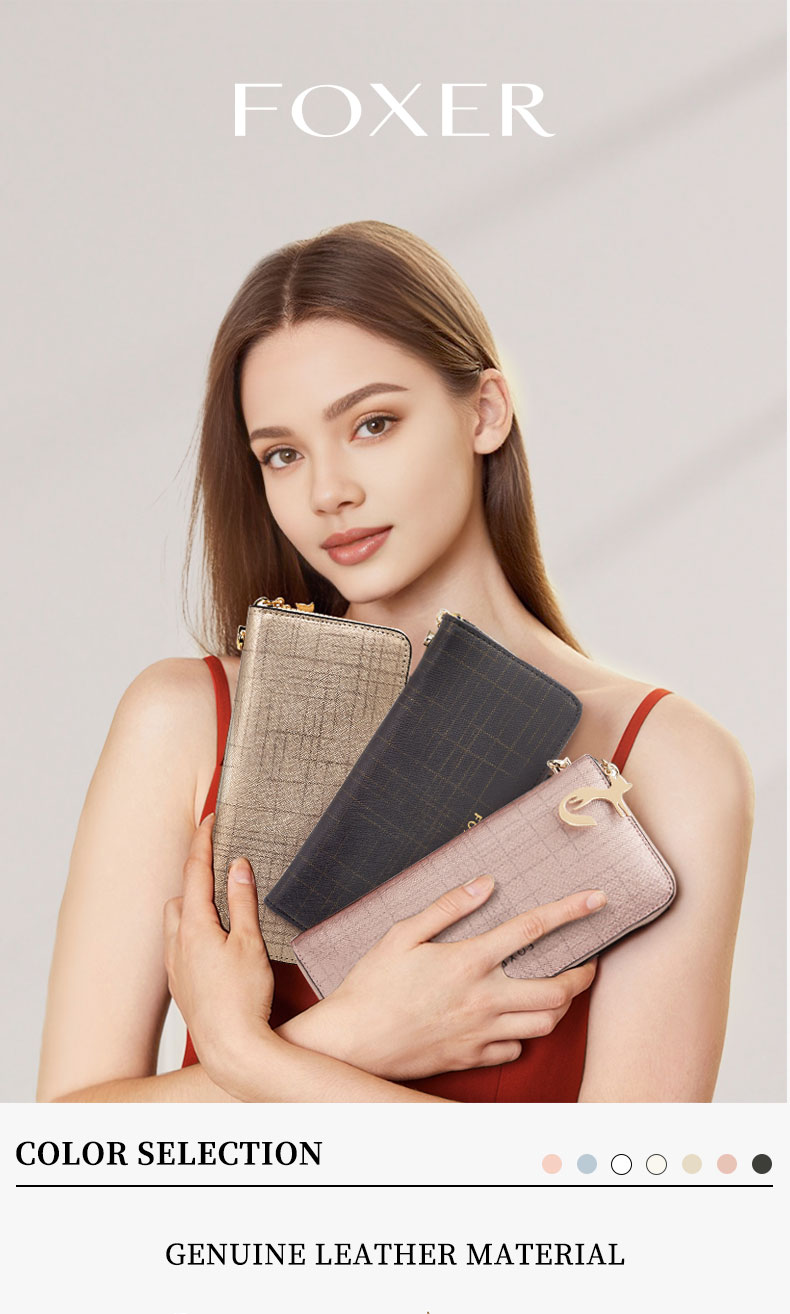 FOXER Women Purse Leather Long Wallet Long Purse Multi-Card Zip Wallet ...