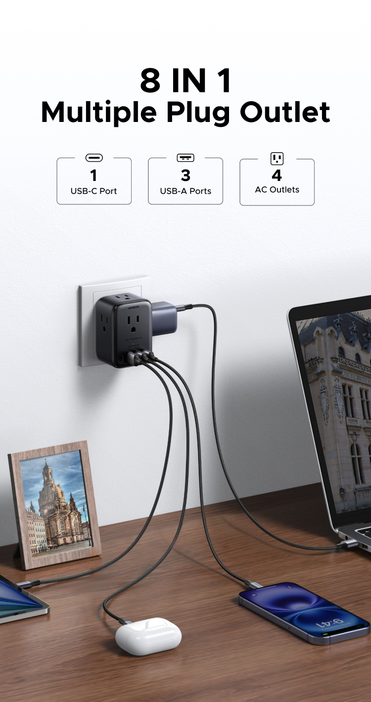 UGREEN US Plug Outlet Extender with 4 AC Outlets, 1 USB-C (20W), 3 USB ...