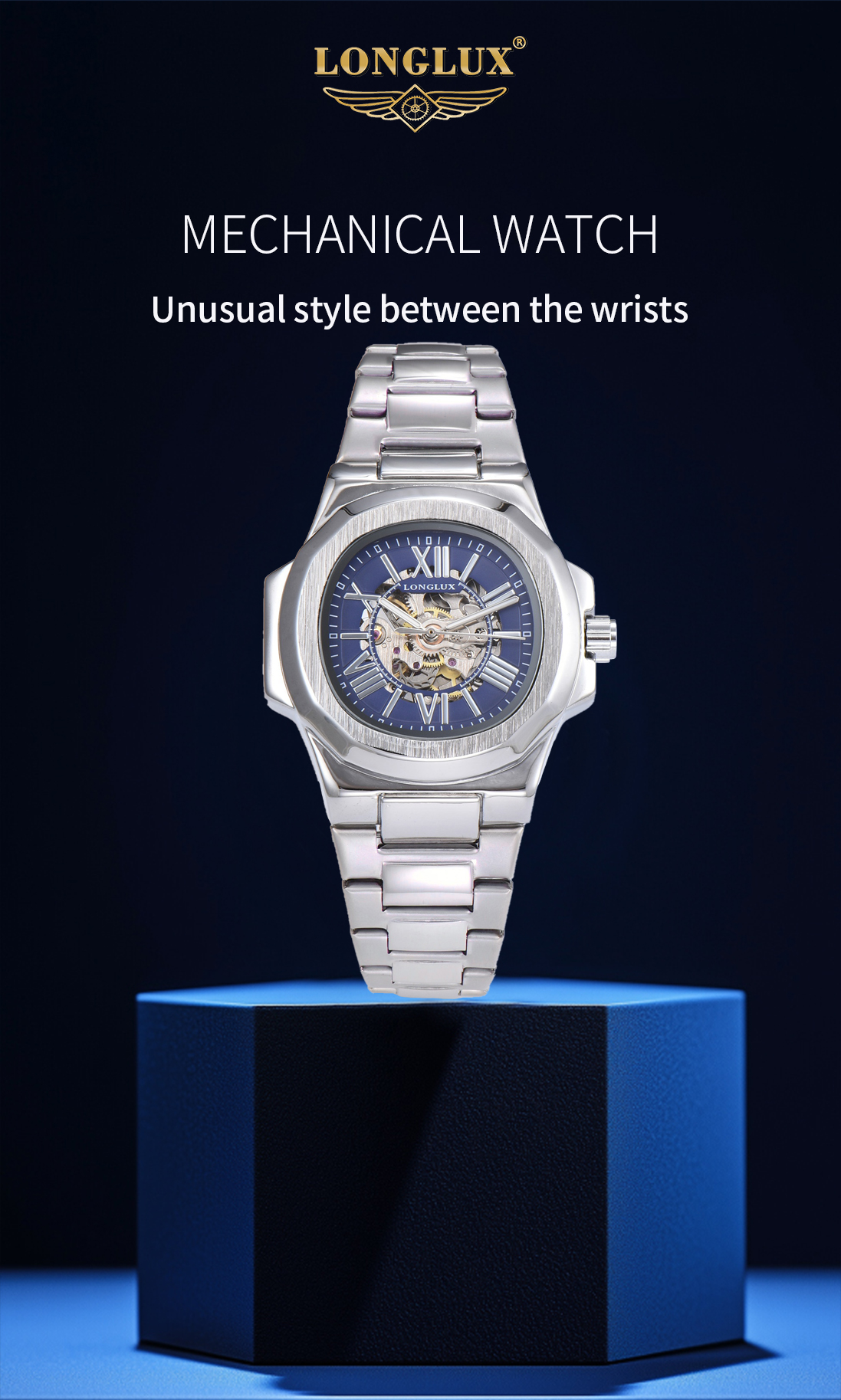 Men automatic watch skeleton rome stainless steel mechanical watches ...