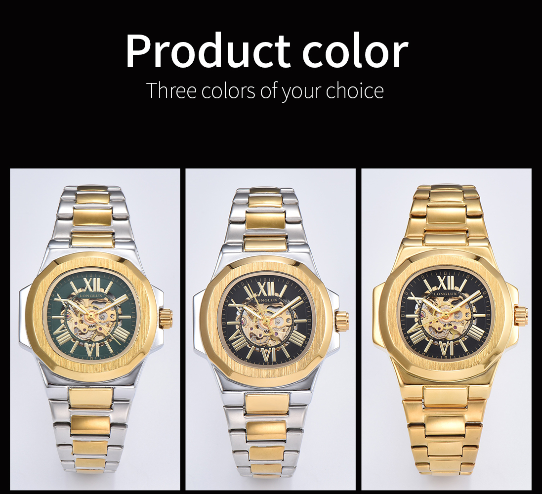 Men automatic watch skeleton rome stainless steel mechanical watches ...