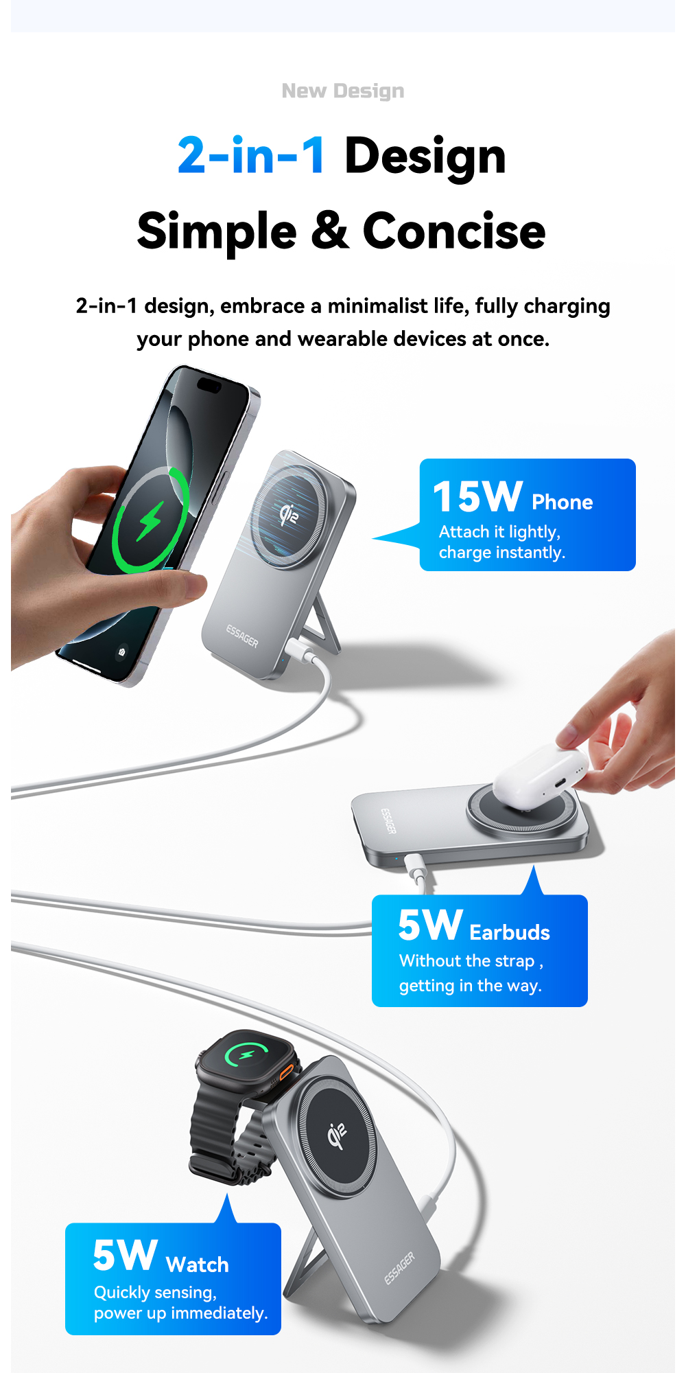 Essager 2 in 1 Qi2 Magnetic Wireless Charging Stand 15W Fast Charger ...
