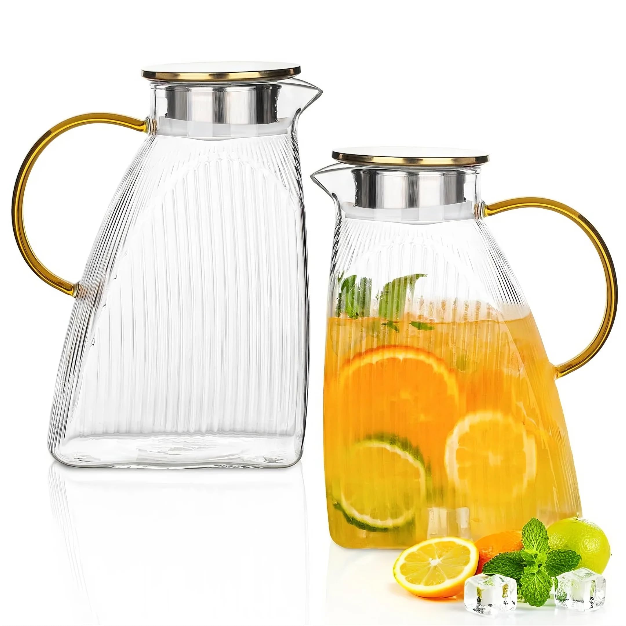 Water Pitcher Glass, 1.8L/63oz Fridge Door Pitcher with Stainless Steel ...