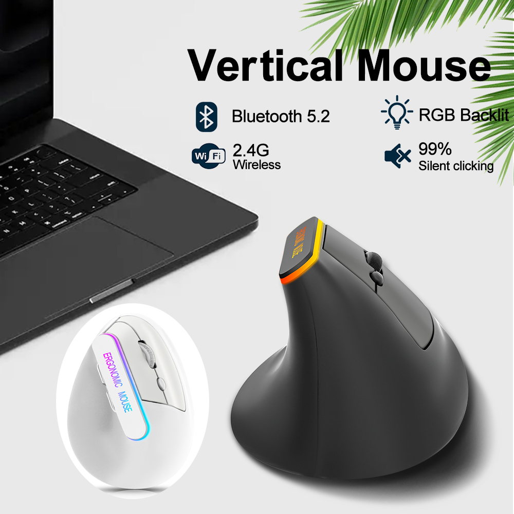 RGB Vertical Mouse 2.4G Wireless Mouse Dual Mode 1600 DPI Bluetooth ...