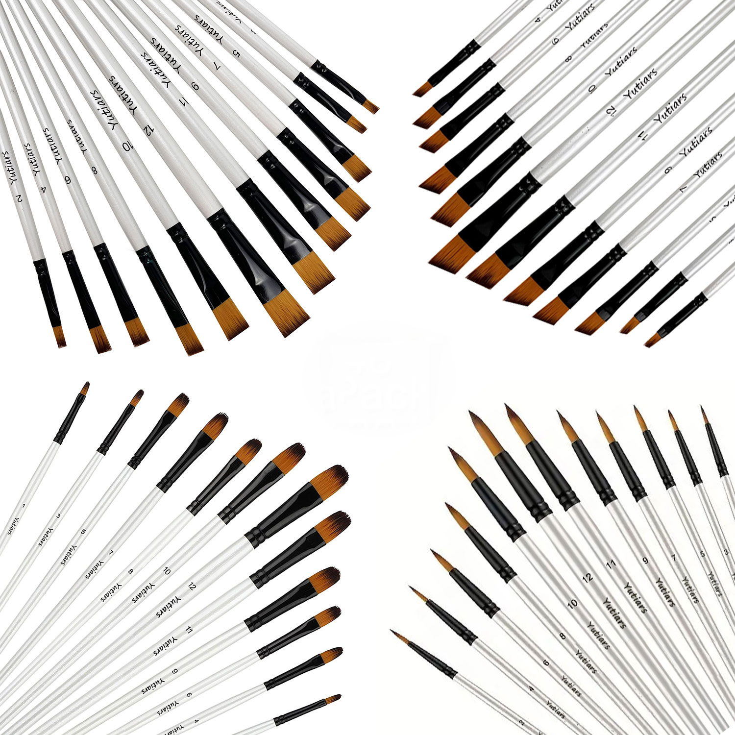 24 Pearl White Brush Set with Flat, Round, Angled, and Filbert Tips for ...
