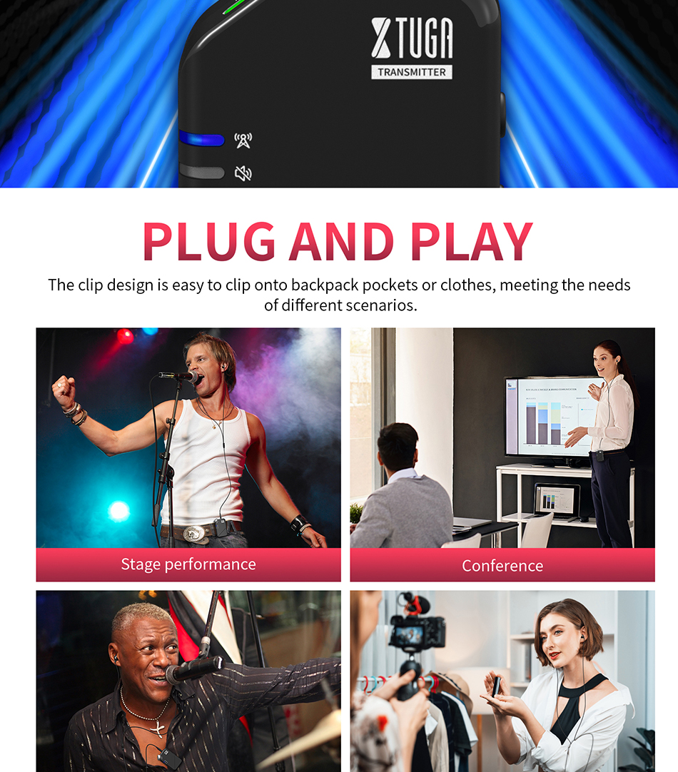 XTUGA J02S 2.4G Wireless In Ear Monitor System with Earphones, Rechargeable IEM Transmitter ...