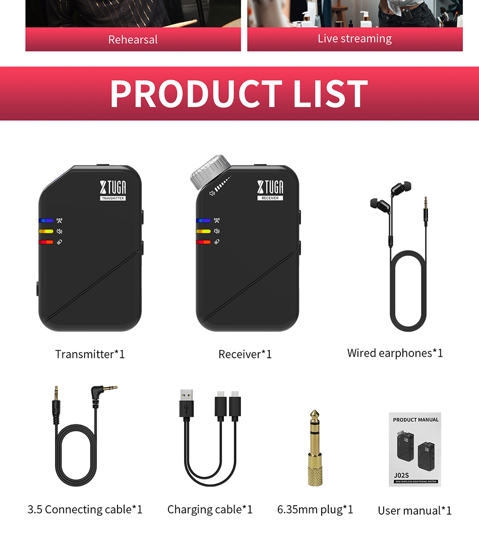 XTUGA J02S 2.4G Wireless In Ear Monitor System with Earphones, Rechargeable IEM Transmitter ...