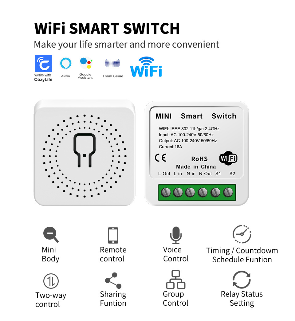 Mini smart relay switch 16A, wireless control via Cozylife app, timer ...