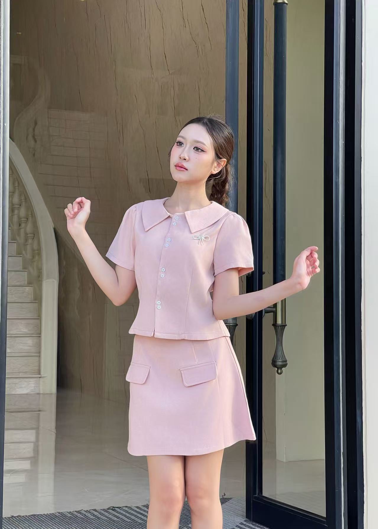 Karlyn FZ-CC-H82 Two-Piece Set Short-Sleeved Shirt With Buttons Bow ...