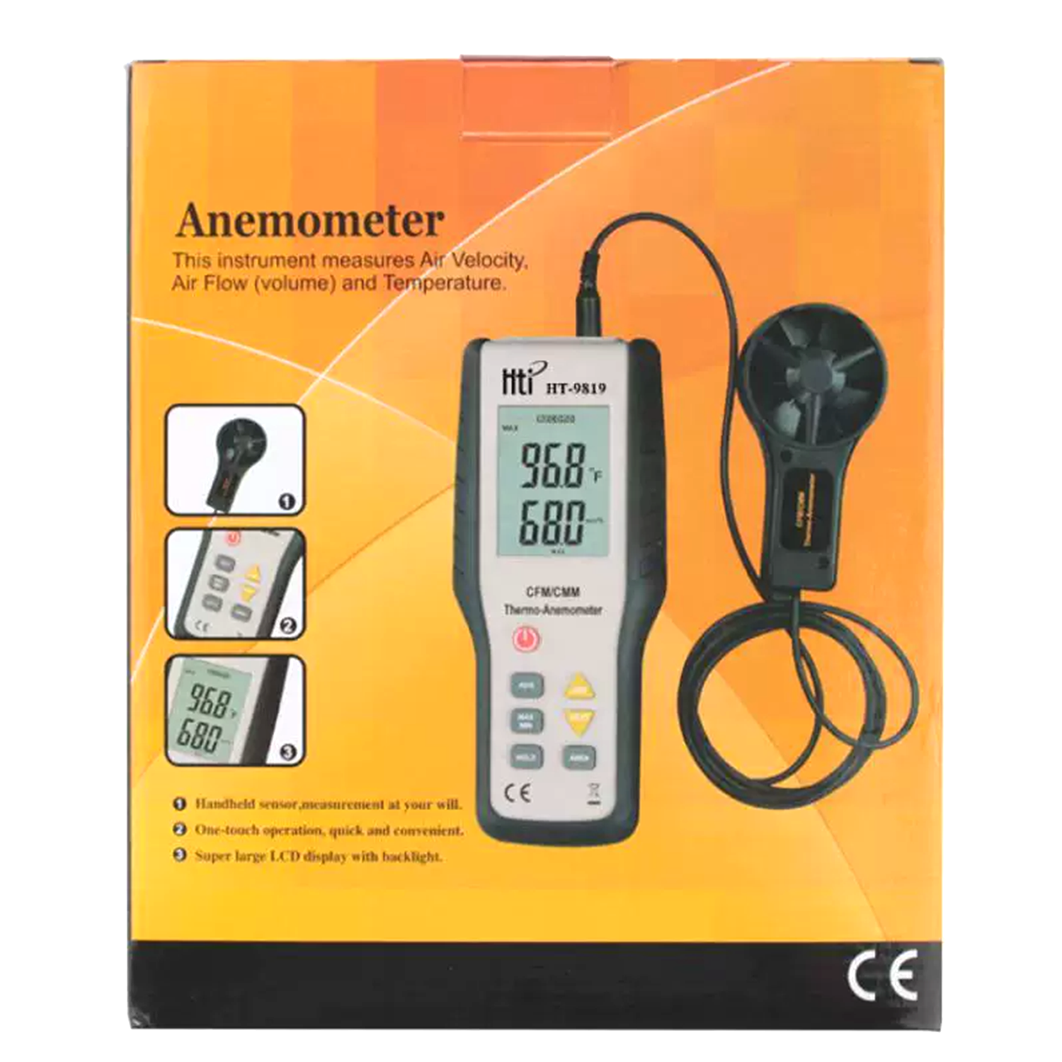 HTI HT-9819 CFM/CMM Digital Thermo Anemometer, Vane Split Type Air Flow ...
