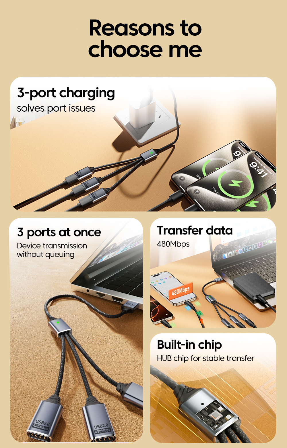 Type C HUB USB Splitter Connector OTG Adapter USB C to 3 Type C ...