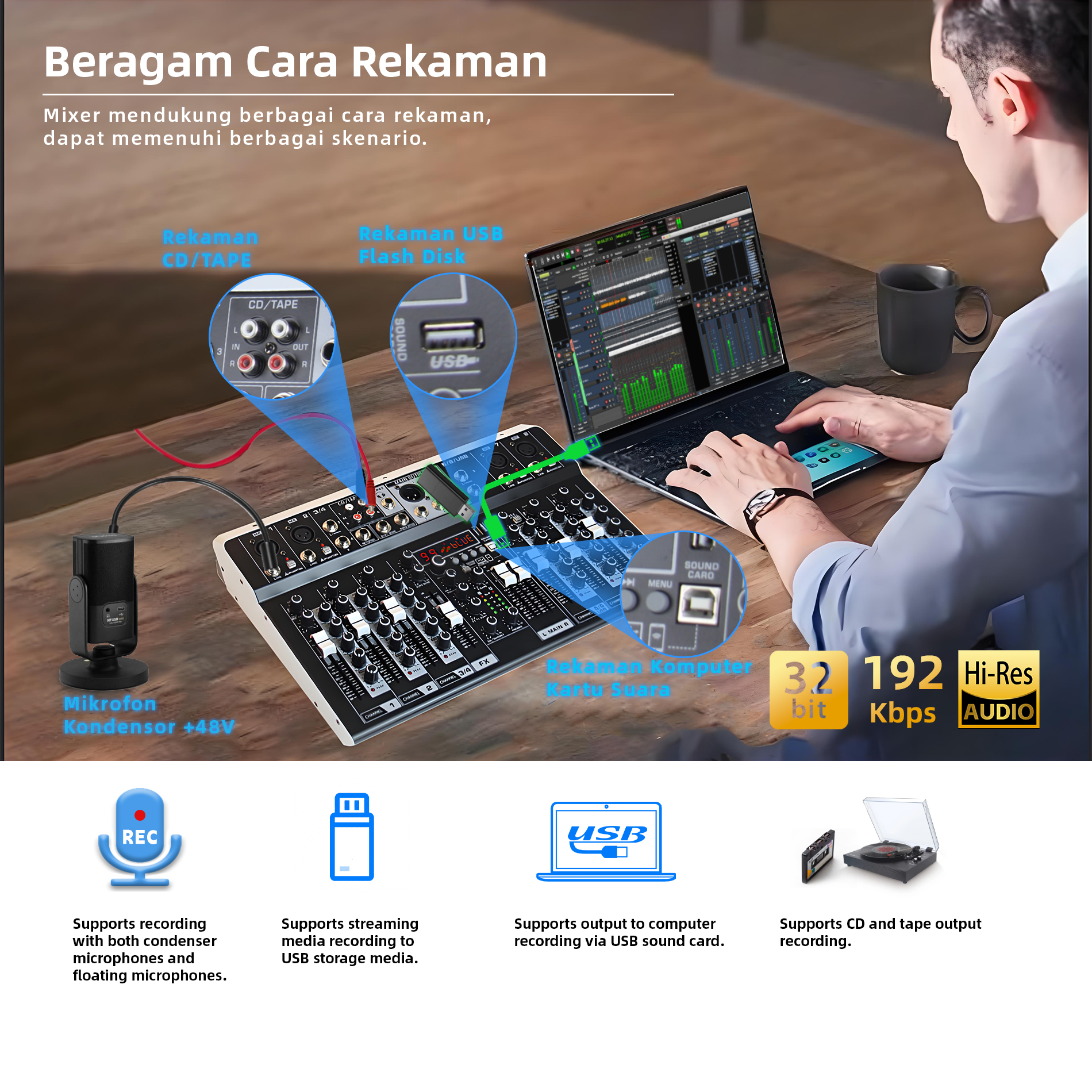 MOREFAND CS4/F4/F7 99DSP Professional Audio Mixer 4 channel na stereo output PC/Bluetooth/USB ...